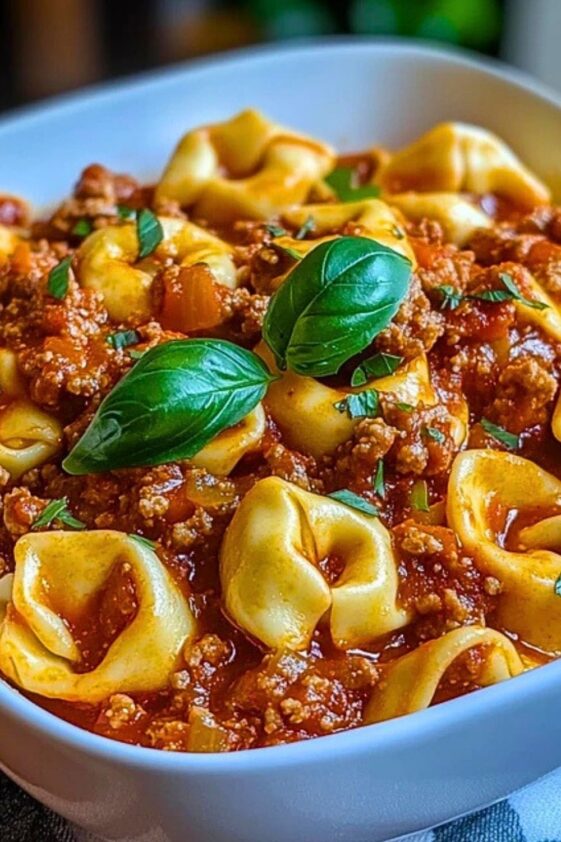Best Cheesy Baked Tortellini with Meat Sauce