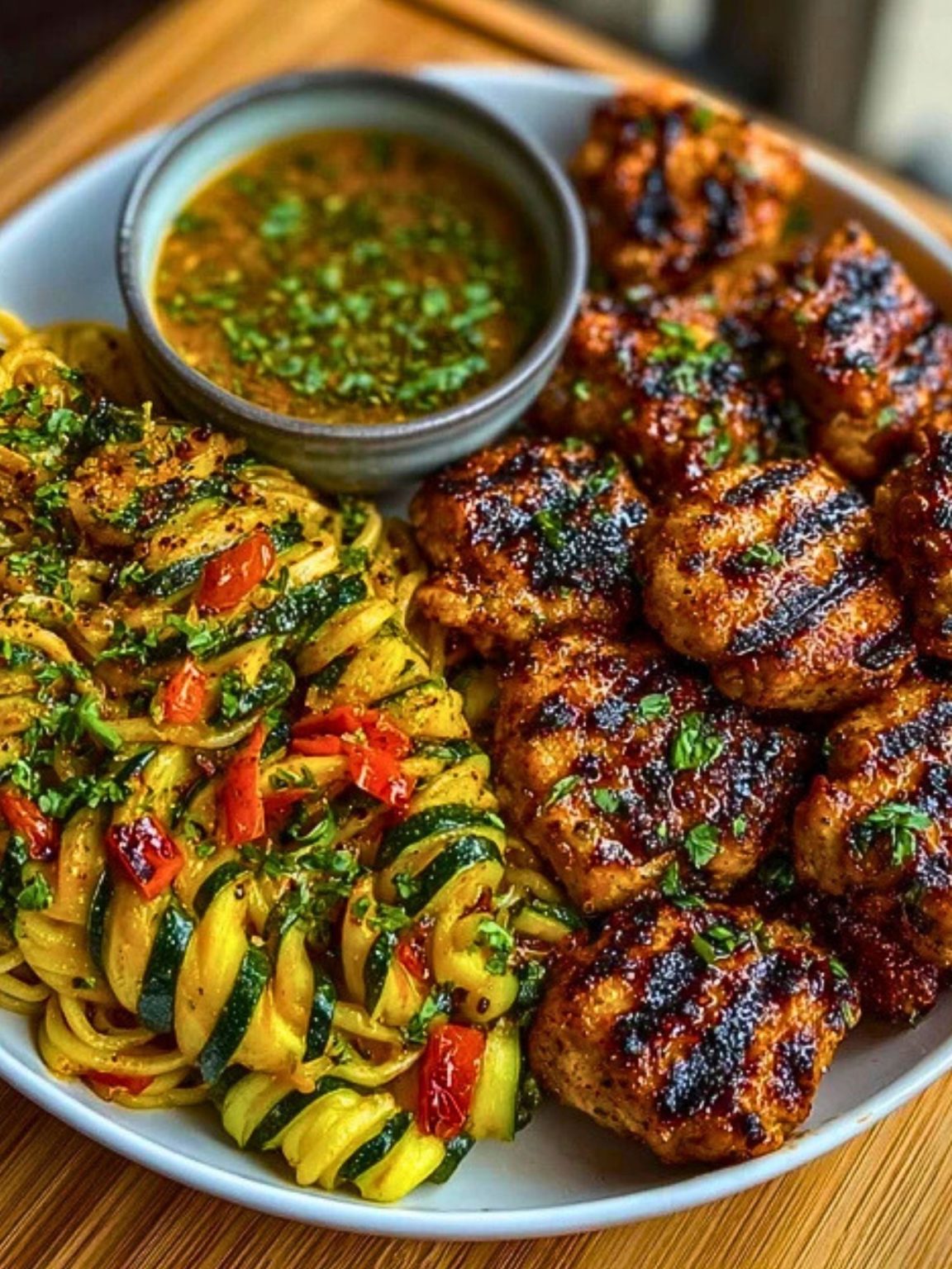 Garlic Chili Oil Chicken Bites & Cajun Alfredo with Charred Zucchini Twists