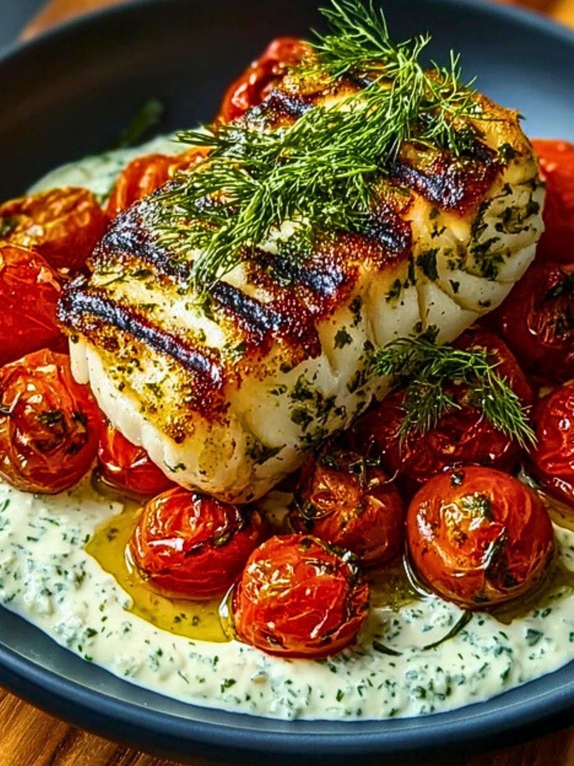 Grilled Cod with Roasted Tomatoes & Creamy Dill Sauce