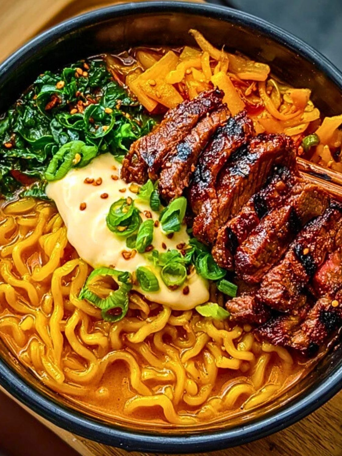 Spicy Korean Ramen with Grilled Beef & Creamy Sauce