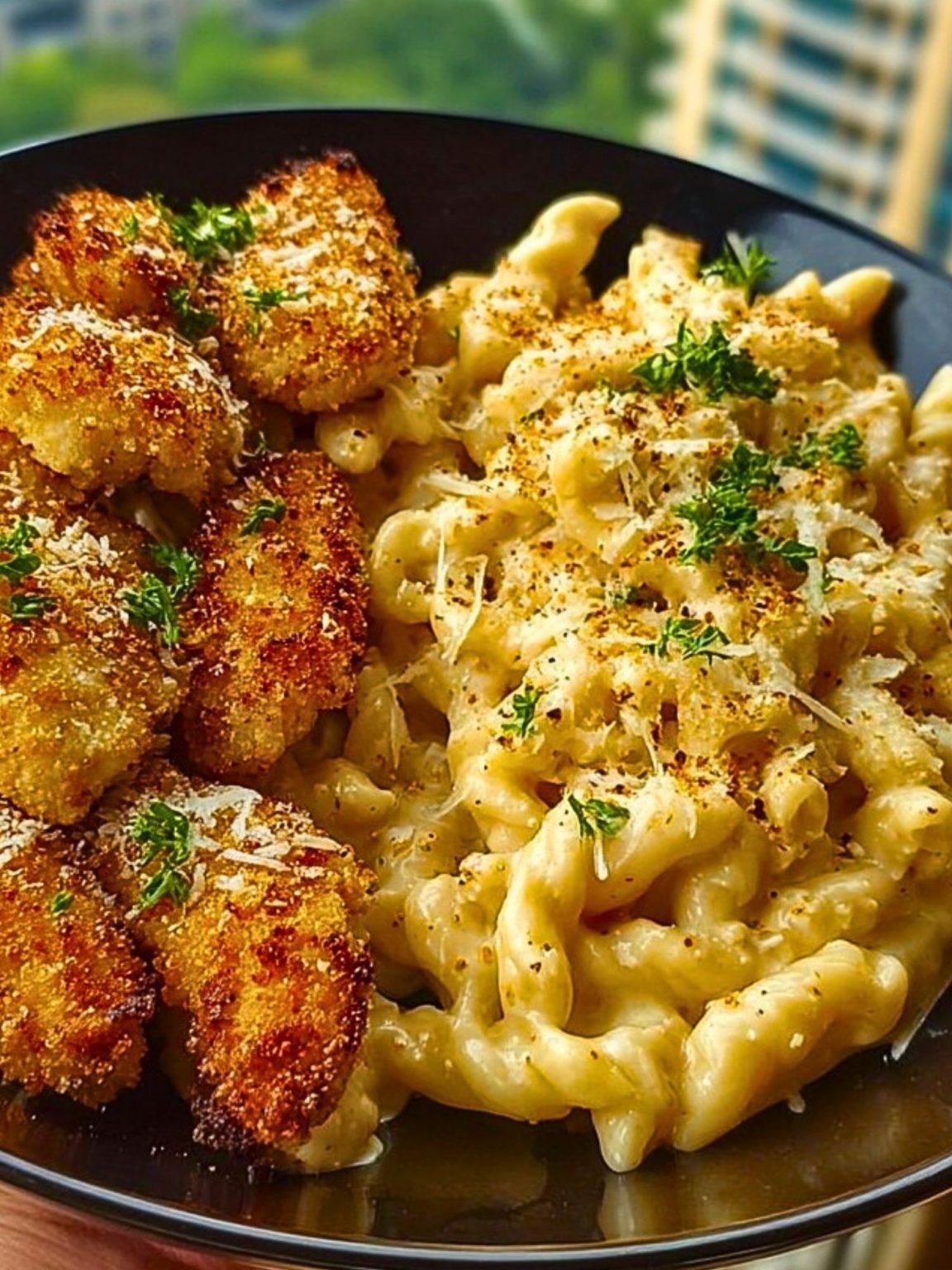 Parmesan Crusted Chicken Bites & Smoked Cajun Alfredo Gemelli