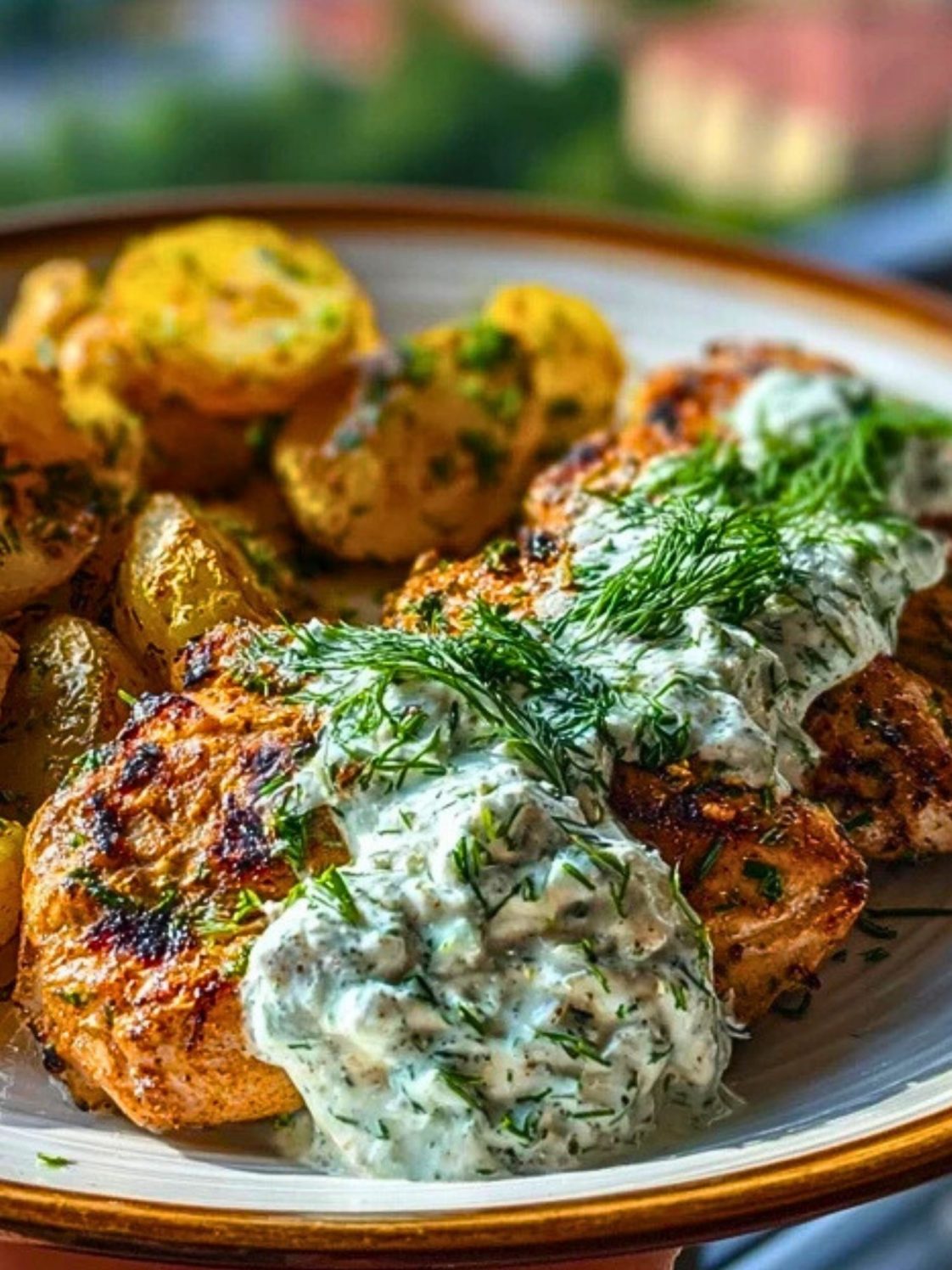Spicy Yogurt Marinated Chicken with Dill Feta Cream & Crispy Baby Potatoes