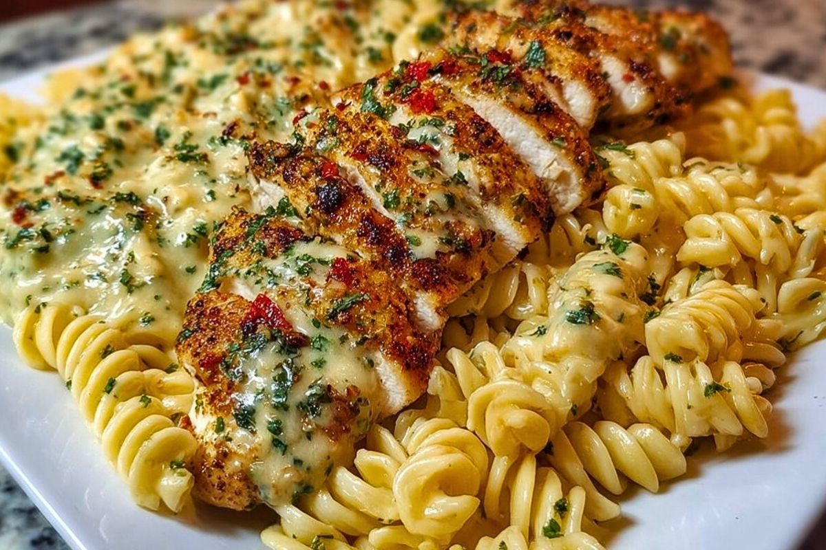 Cheesy Twisted Pasta with Creamy Garlic Parmesan Chicken