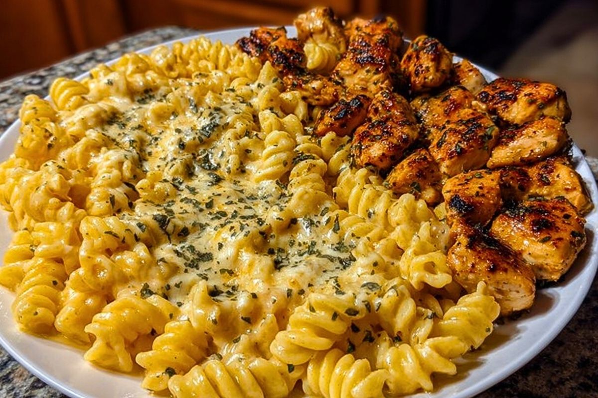 Cheesy Velveeta Chicken Twisted Pasta with Mozzarella Garlic Sauce