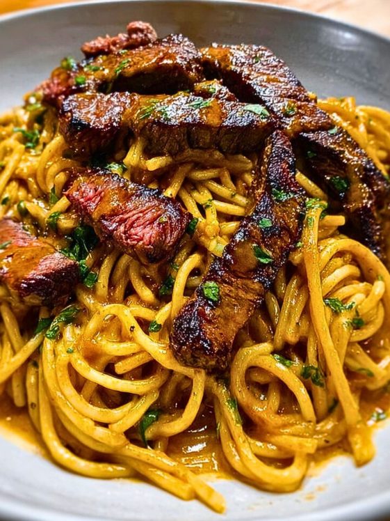 Creamy Cajun Garlic Butter Spaghetti with Beef Strips