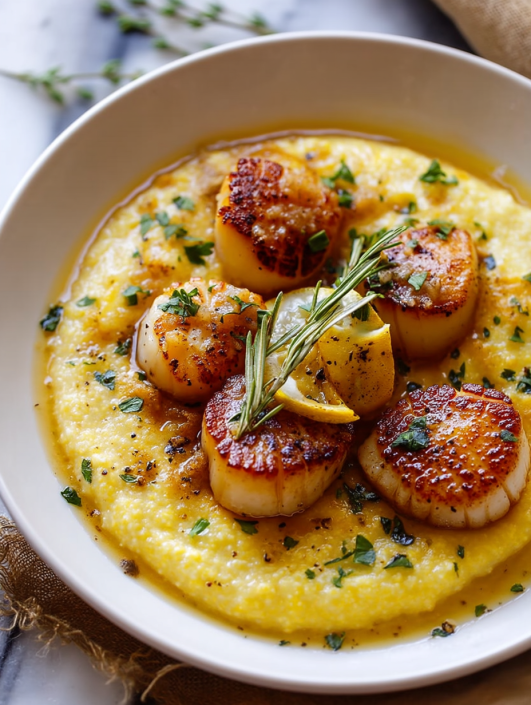 Scallops with Herb Brown Butter over Creamy Polenta