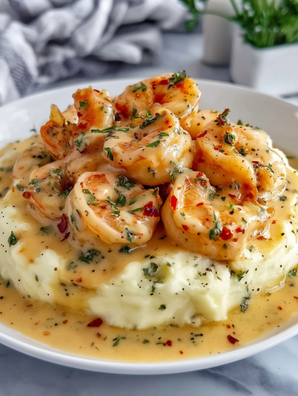 Creamy Garlic Shrimp Over Mashed Potatoes