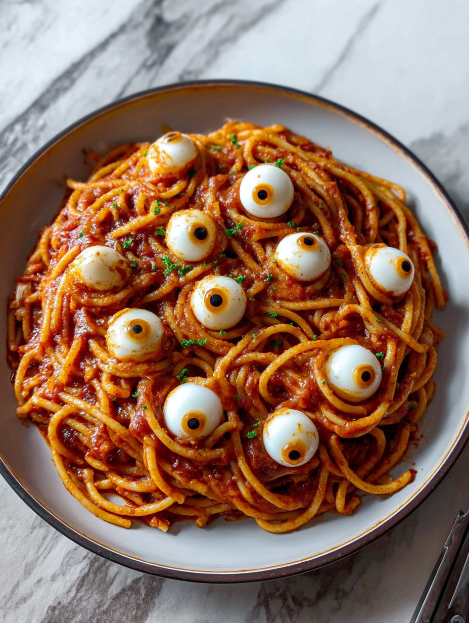 Bloody Spaghetti with Mozzarella Eyeballs