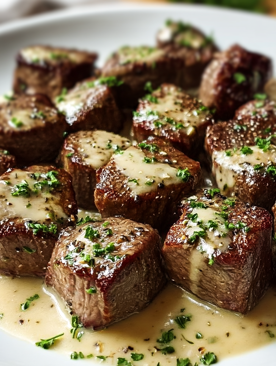 Tender Steak Bites in Garlic Butter with Creamy Parmesan Sauce